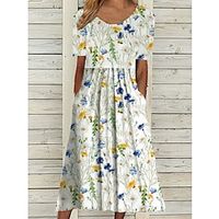 Dames A lijn jurk Halflange jurk Wit Korte mouw Bloemig A...