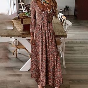 Dames A lijn jurk Maxi-jurk Rood Lange mouw Bloemig Afdrukken Lente Zomer V-hals Casual Vakantie ...