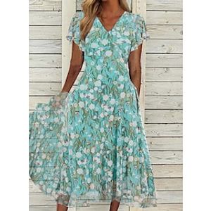 Dames Halflange jurk A lijn jurk Groen Korte mouw Afdrukken Bloemig Afdrukken V-hals Lente Zomer ...