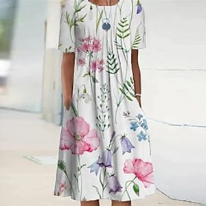 Dames Hemdjurk Knielengte jurk Wit Korte mouw Bloemig Zak Afdrukken Lente Zomer Strakke ronde ...