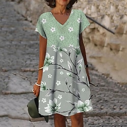 Dames Casual jurk Hemdjurk Groen Korte mouw Bloemig Afdrukken Lente Zomer V-hals 2022 S M L XL ...