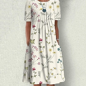 Dames Halflange jurk Hemdjurk Beige Korte mouw Zak Afdruk...