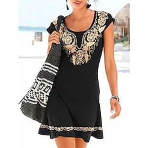 Dames A lijn jurk Mini-jurk Zwart Korte mouw Bloemig Afdr...
