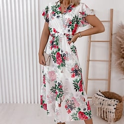 Dames Bloemetjesjurk Halflange jurk blauw Blozend Roze Ro...