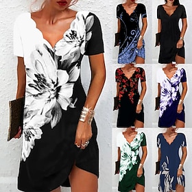 Dames Casual jurk Hemdjurk Bloemetjesjurk Mini-jurk Zwart...