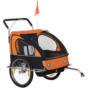 HOMCOM kinderaanhanger fietskar kinderfietskar voor 2 kinderen met vlag ...