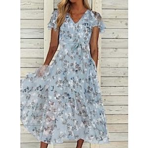 Dames A lijn jurk Halflange jurk Klaver blauw Korte mouw Bloemig Afdrukken Veters Afdrukken ...