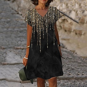 Dames Knielengte jurk Hemdjurk Zwart Korte mouw Afdrukken...