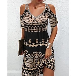 Dames A lijn jurk Mini-jurk Zwart Korte mouw Afdrukken Me...