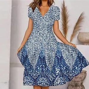 Dames Knielengte jurk A lijn jurk Swingjurk blauw Korte m...