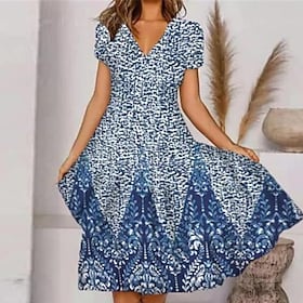 Dames Knielengte jurk A lijn jurk Swingjurk blauw Korte m...