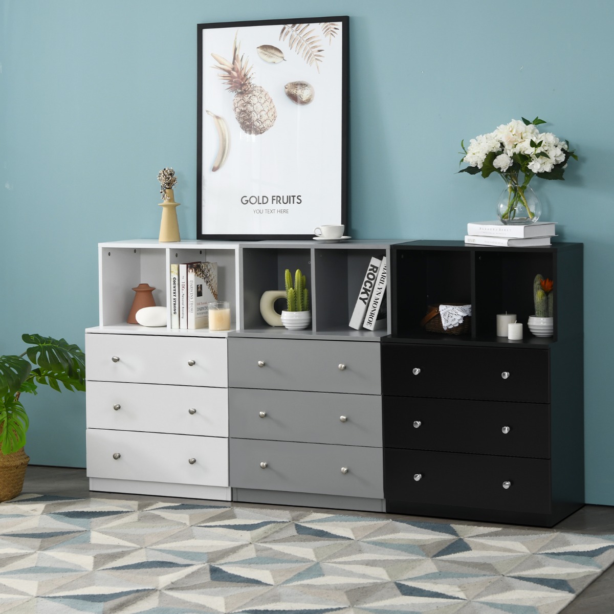 Commode met 3 Laden en 2 Vakken Dressoir van Hout Opbergk...